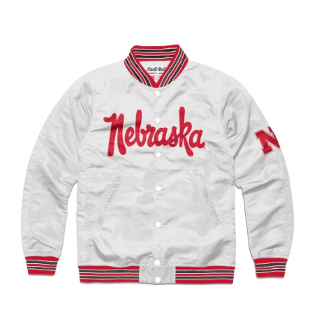 Nebraska Script Satin Varsity Jacket | JM